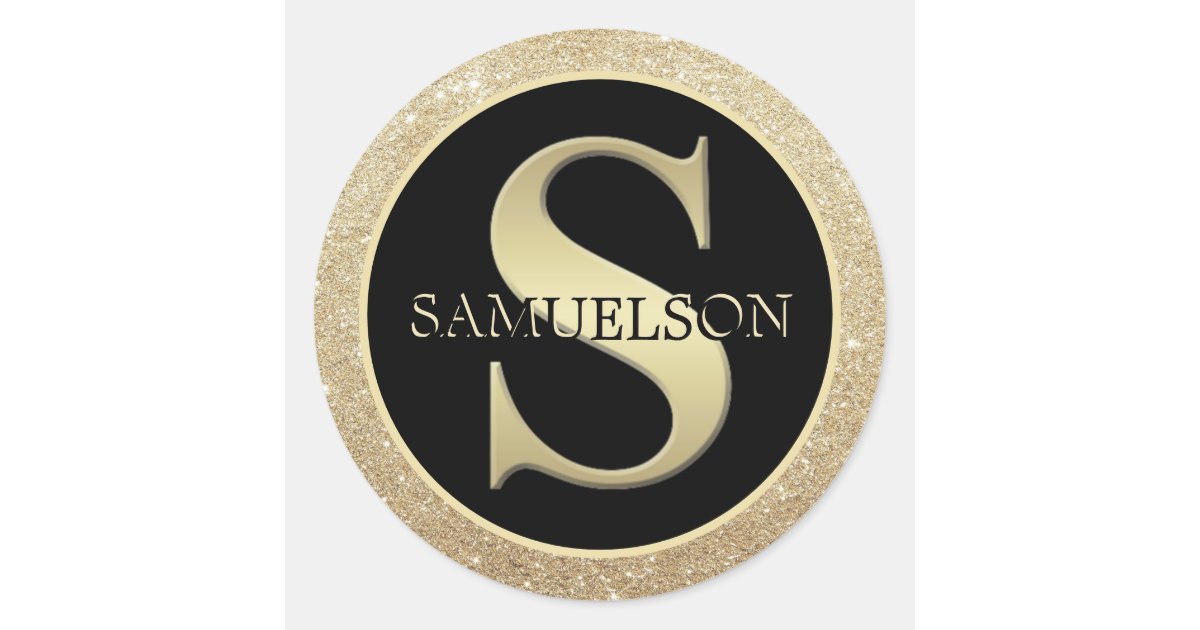 Elegant Gold Black Glitter Letter 'S' Monogram Classic Round Sticker ...
