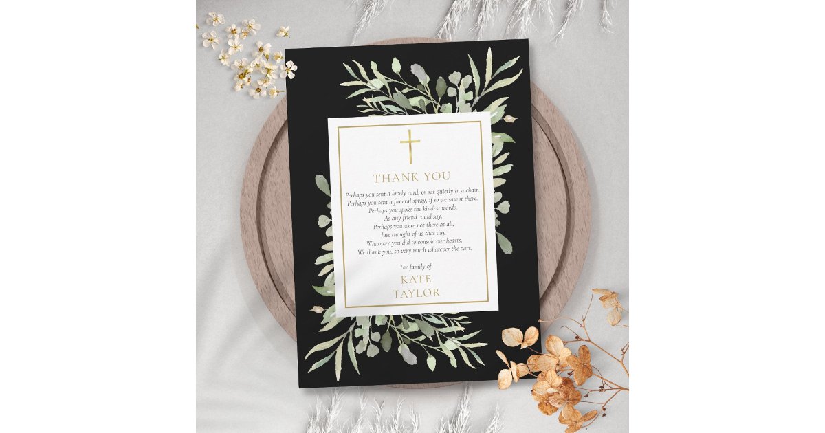 Elegant Gold Black Greenery Funeral Poem Thank You Card | Zazzle