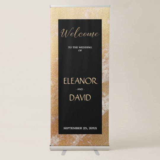 Elegant gold black marble welcome wedding script retractable banner ...