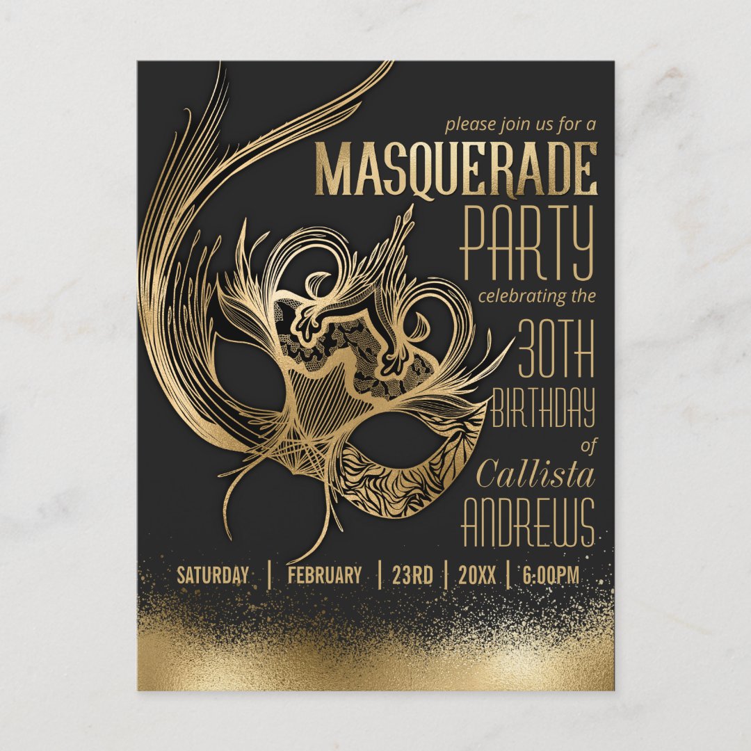 Elegant Gold Black Masquerade Mask Birthday Party Invitation Postcard ...