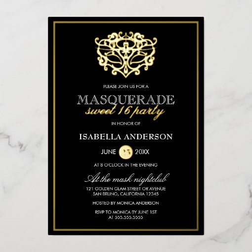 Elegant Gold & Black Masquerade Sweet 16 Party Foil Invitation | Zazzle
