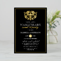 Elegant Gold & Black Masquerade Sweet 16 Party Foil Invitation | Zazzle