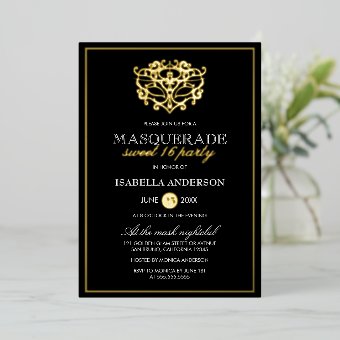 Elegant Gold & Black Masquerade Sweet 16 Party Foil Invitation | Zazzle