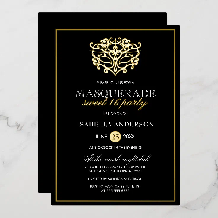 Elegant Gold & Black Masquerade Sweet 16 Party Foil Invitation | Zazzle
