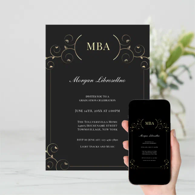 Elegant Gold Black MBA Graduation Party Invitation | Zazzle
