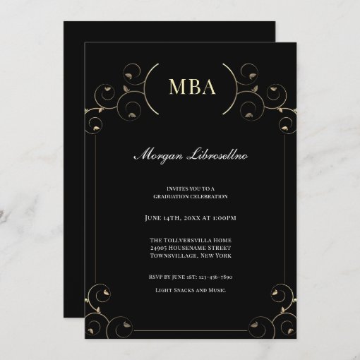 Elegant Gold Black MBA Graduation Party Invitation | Zazzle