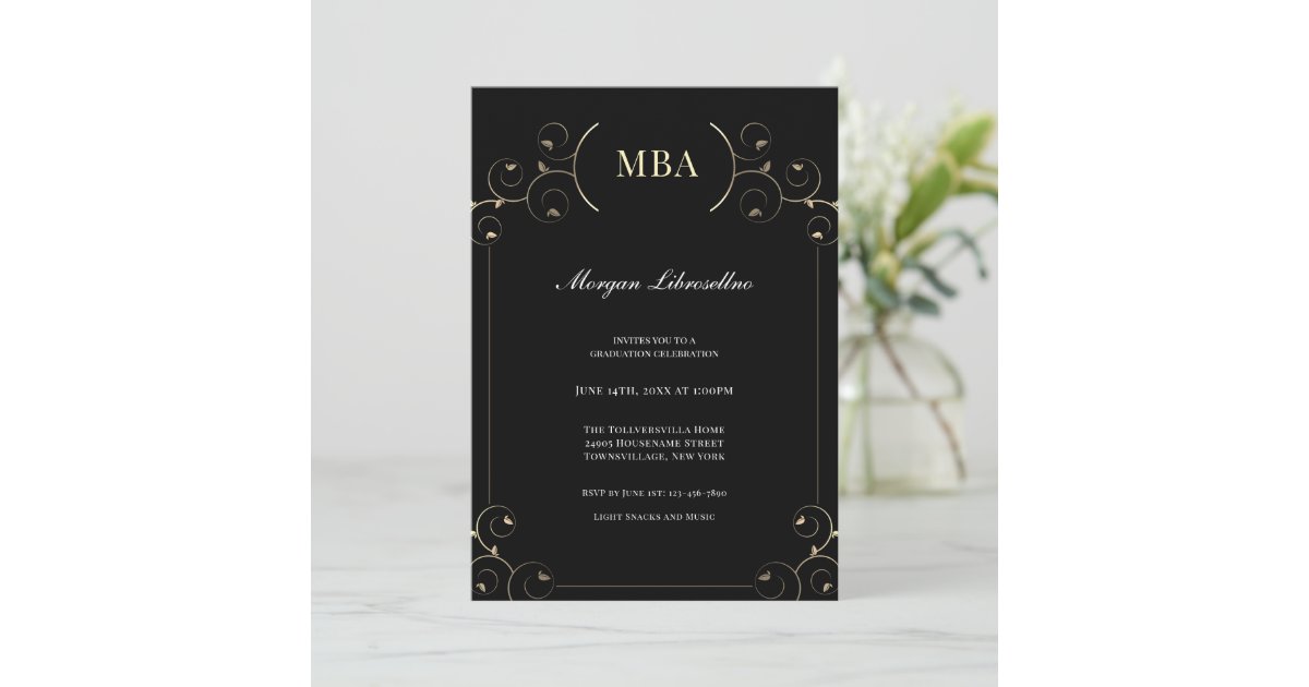 Elegant Gold Black MBA Graduation Party Invitation | Zazzle