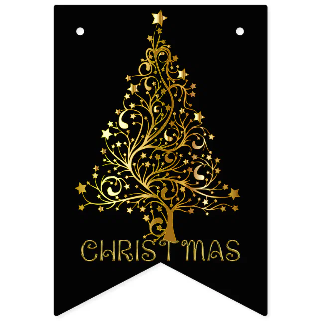 Elegant Gold Black Merry Christmas Tree Party Bunting Flags | Zazzle
