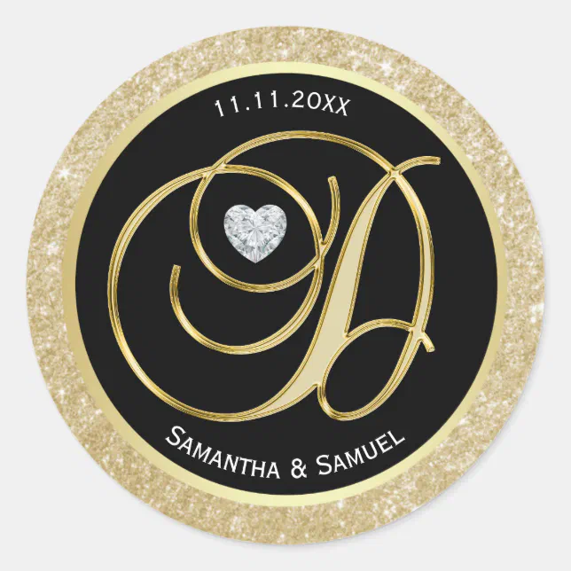 Elegant Gold Black Monogram Letter 'D' Wedding Classic Round Sticker ...