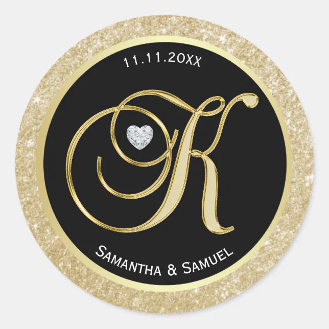Elegant Gold Black Monogram Letter 'K' Wedding Classic Round Sticker ...