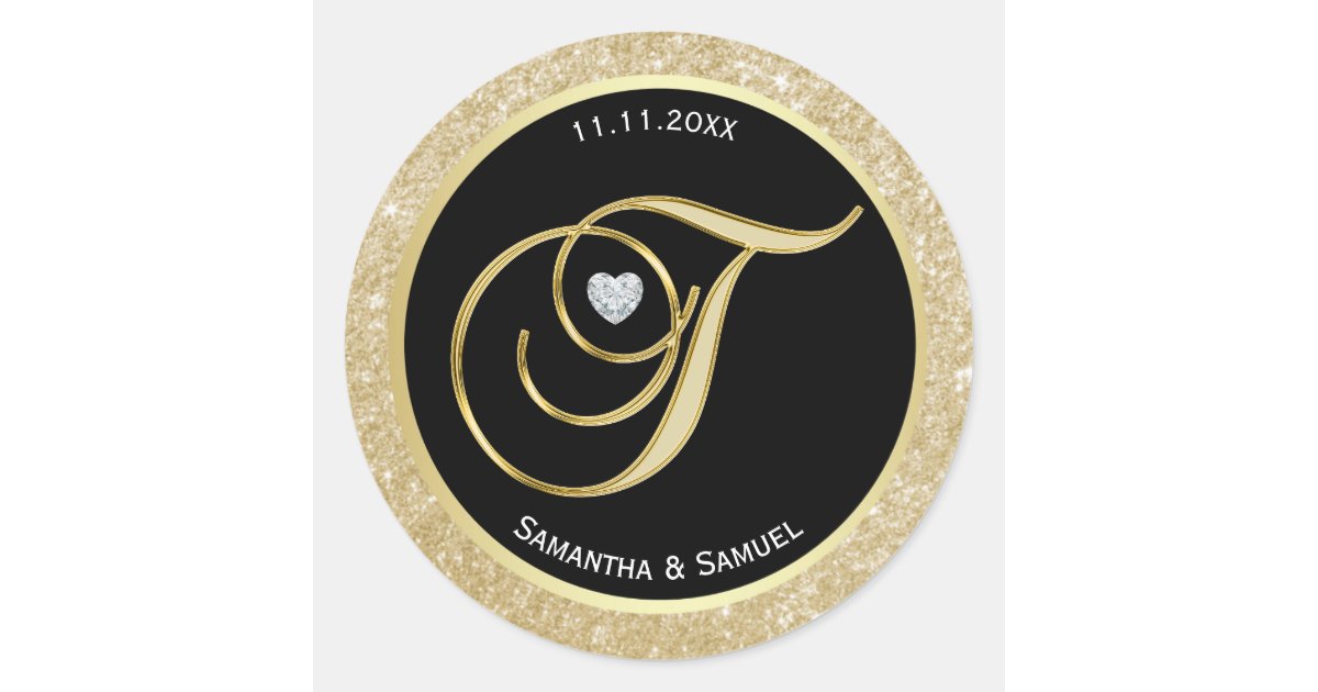 Elegant Gold Black Monogram Letter 'T' Wedding Classic Round Sticker ...
