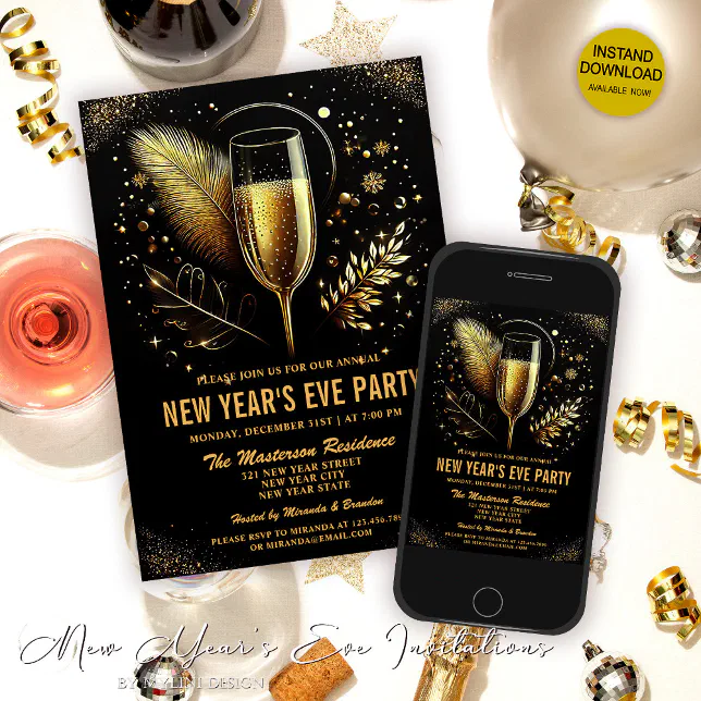 Elegant Gold Black New Year`s Eve Party Invitation | Zazzle