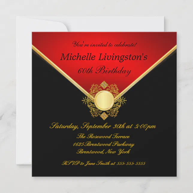 Elegant Gold Black Red Filigree Emblem Invites | Zazzle