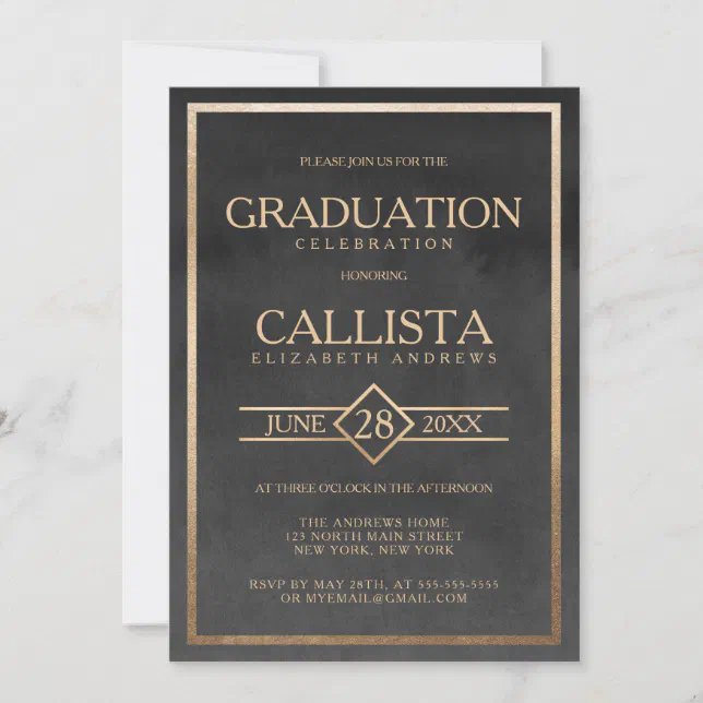 Elegant Gold Black Watercolor Frame Graduation Invitation | Zazzle