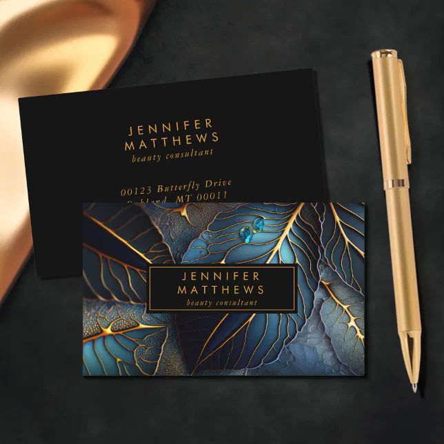 Elegant Gold Blue Abstract Leaf Business Card | Zazzle
