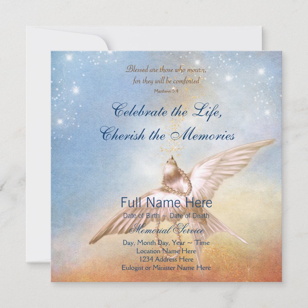 Elegant Gold Blue Dove In Loving Memory Memorial Invitation | Zazzle