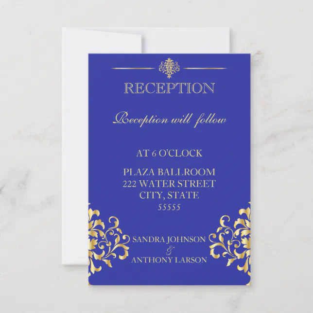 Elegant Gold & Blue Wedding Reception Card | Zazzle