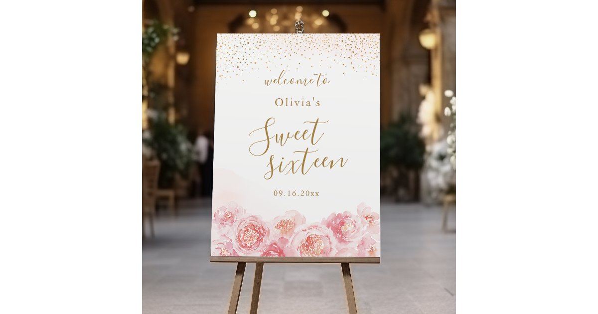 Elegant gold & blush floral sweet sixteen welcome foam board | Zazzle