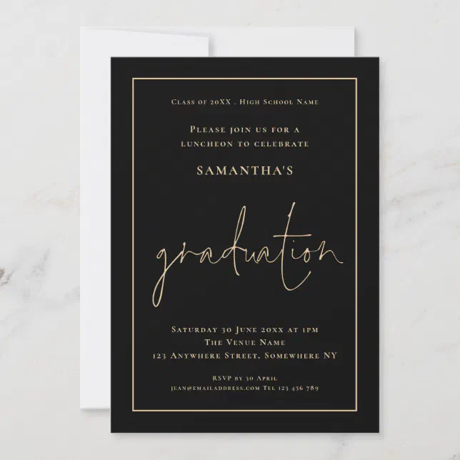 Elegant Gold Border Black Grad Luncheon Graduation Invitation | Zazzle