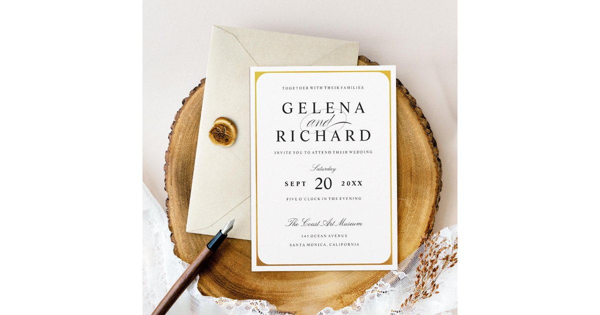 Elegant Gold Border Shimmer Wedding Invitation | Zazzle