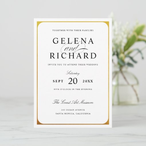 Elegant Gold Border Shimmer Wedding Invitation | Zazzle