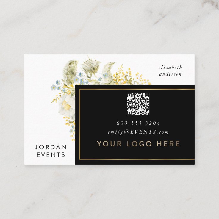 Elegant Gold Border Wildflower QR CODE Business Card | Zazzle