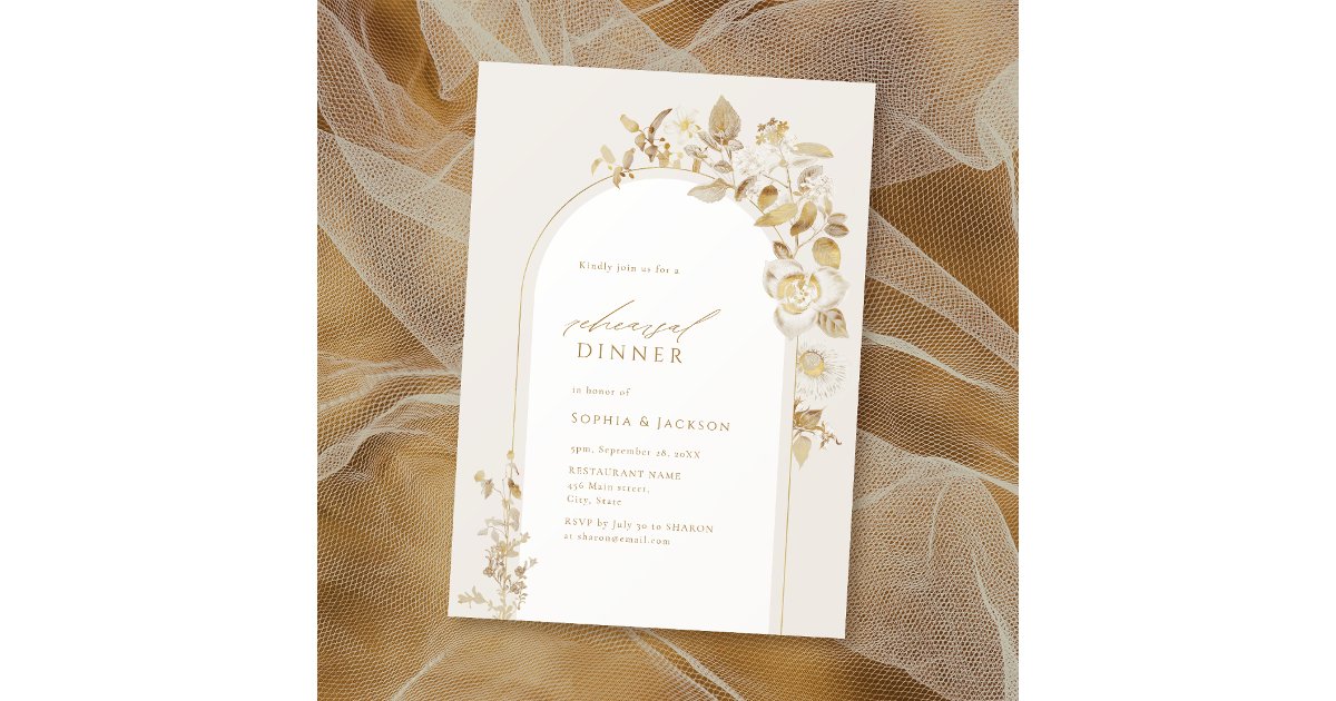 Elegant Gold Botanical Arch Rehearsal Dinner Invitation | Zazzle