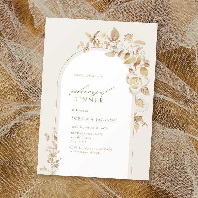 Elegant Gold Botanical Arch Rehearsal Dinner Invitation | Zazzle