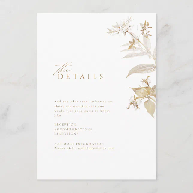 Elegant Gold Botanical Floral Wedding Details Enclosure Card | Zazzle