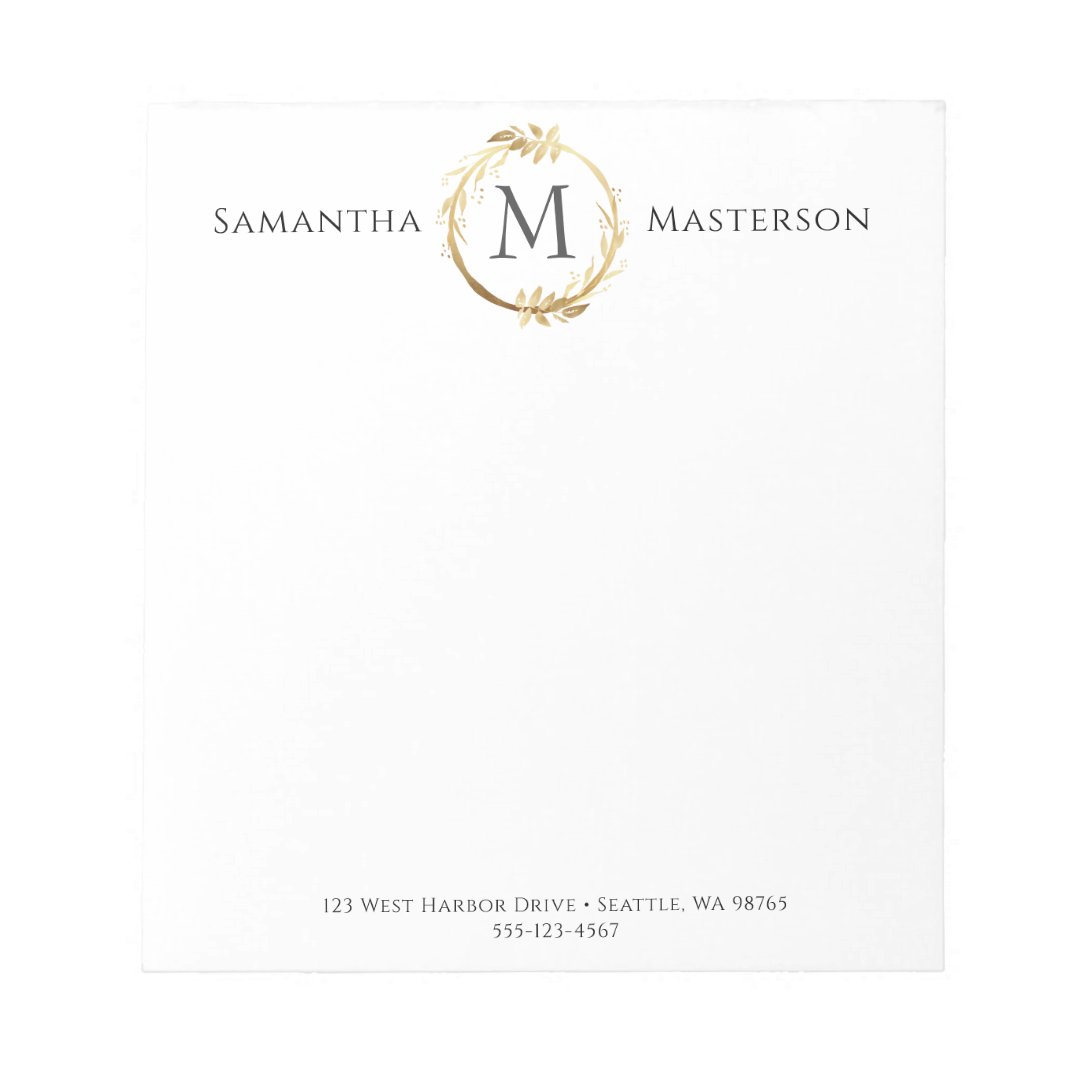 Elegant Gold Botanical Wreath Monogram Initial Notepad | Zazzle