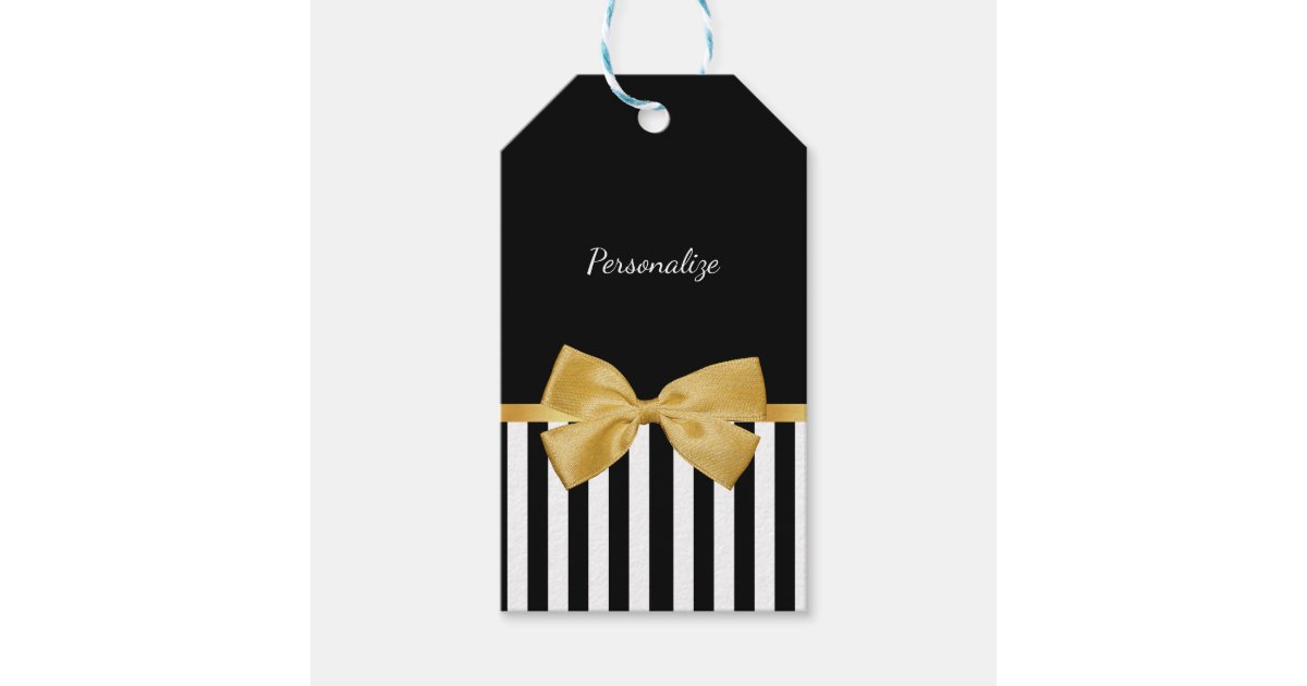 Elegant Gold Bow Black and White Stripes With Name Gift Tags | Zazzle