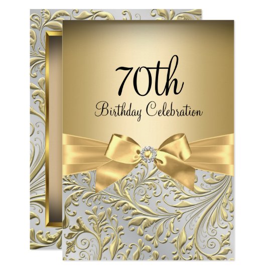 Elegant Gold Bow Floral Swirl 70th Birthday Party Invitation