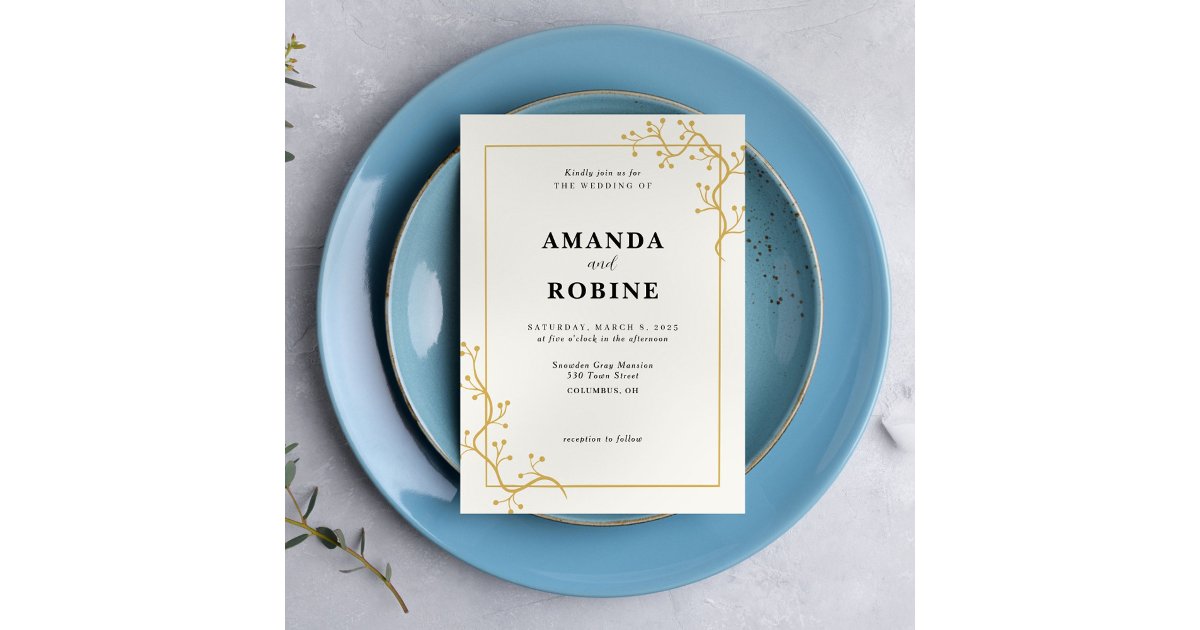 Elegant Gold Branch Frame Wedding Invitation | Zazzle