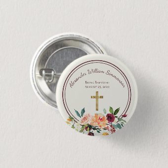Elegant Gold Burgundy Floral Baby Christening Button | Zazzle