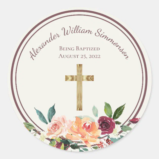 Elegant Gold Burgundy Floral Baby Christening Classic Round Sticker ...
