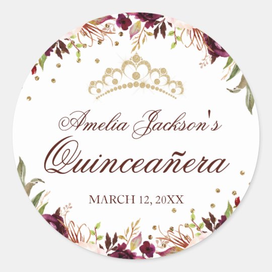 Elegant Gold Burgundy Floral Quinceanera Sticker | Zazzle.com
