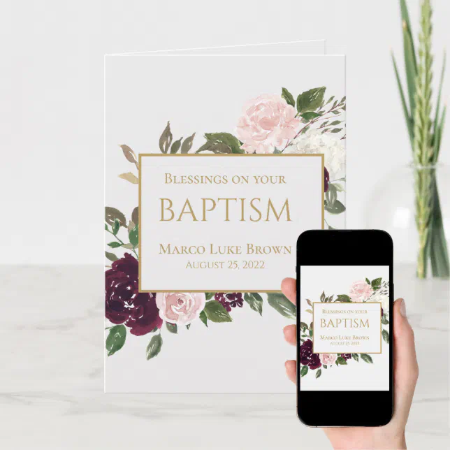 Elegant Gold Burgundy Pink Blessings Christening Card | Zazzle