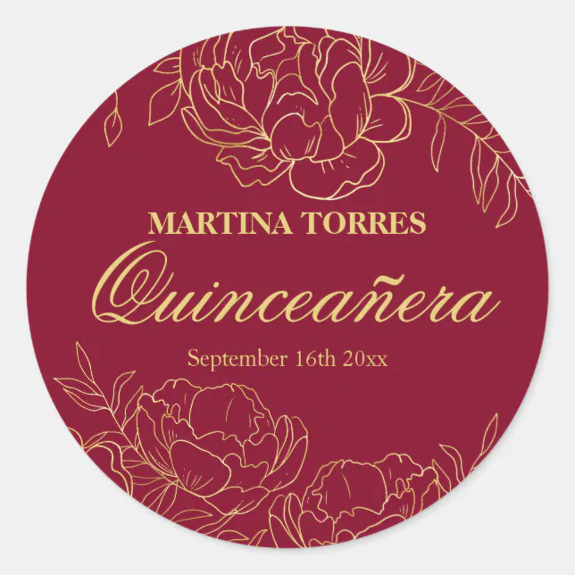 Elegant Gold Burgundy Red Floral Quinceanera Classic Round Sticker | Zazzle
