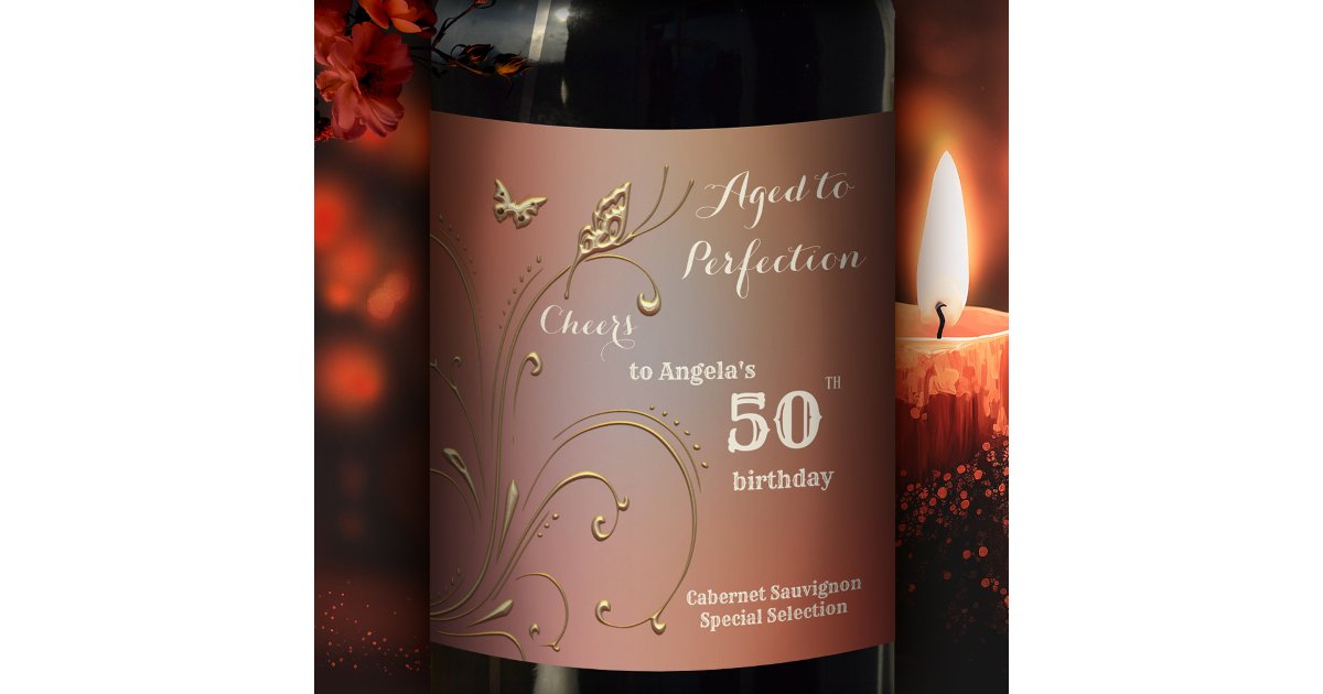 Elegant Gold Butterfly Birthday Wine Label | Zazzle