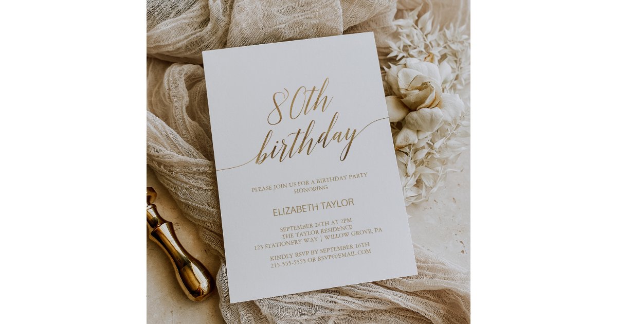 Elegant Gold Calligraphy 80th Birthday Invitation | Zazzle
