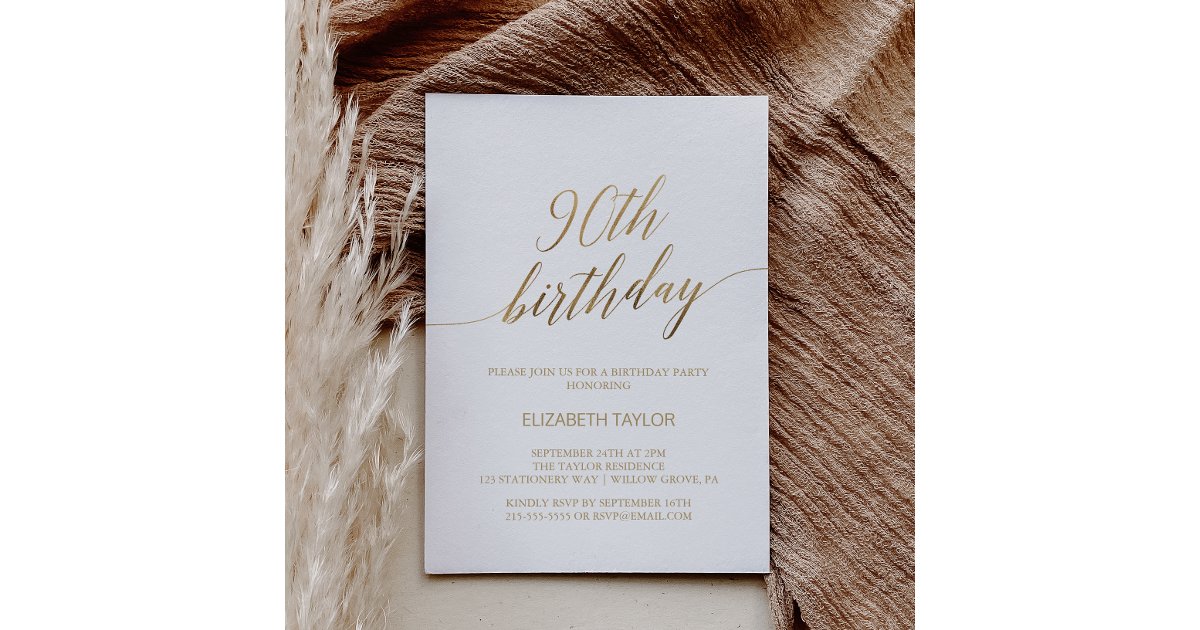 Elegant Gold Calligraphy 90th Birthday Invitation | Zazzle