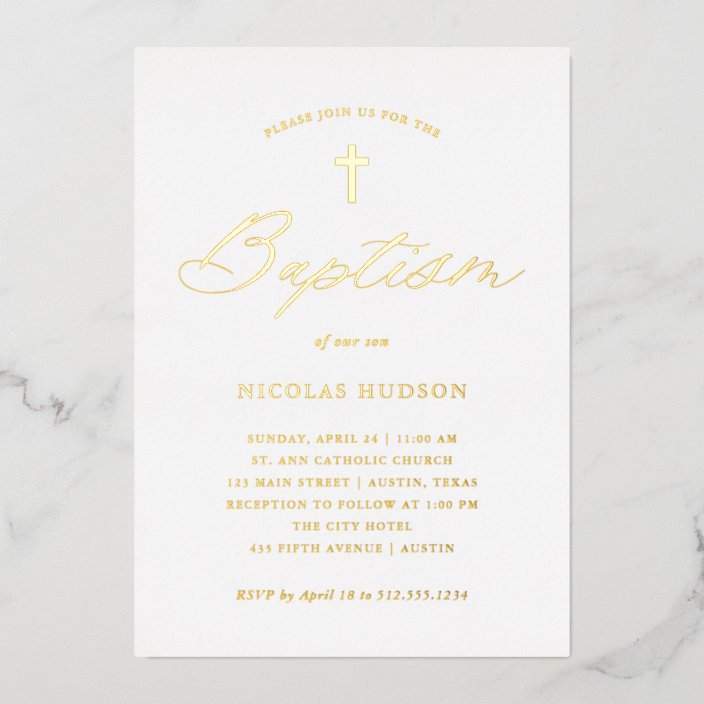 Elegant Gold Calligraphy and Cross | Baptism Foil Invitation | Zazzle.com