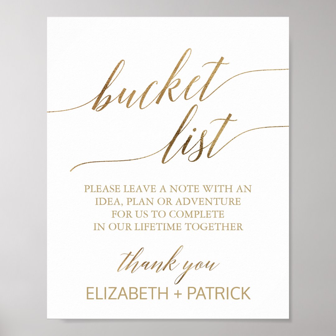 Elegant Gold Calligraphy Bucket List Sign | Zazzle