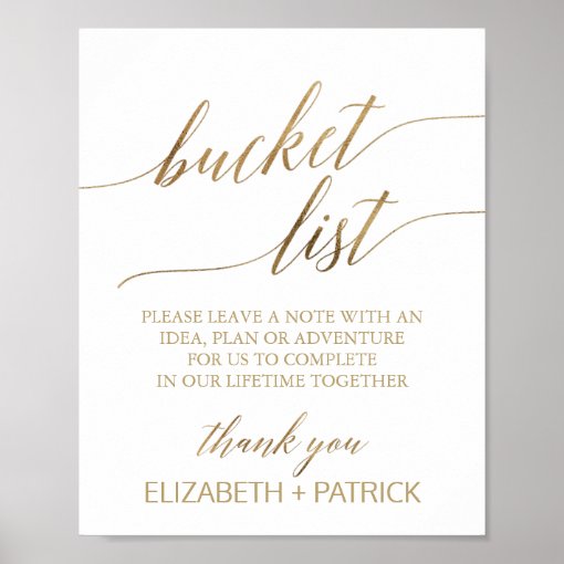 Elegant Gold Calligraphy Bucket List Sign | Zazzle