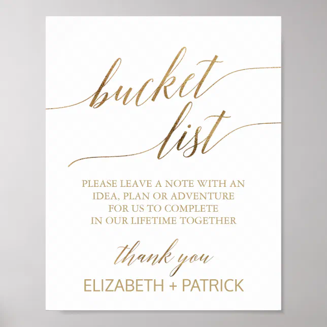 Elegant Gold Calligraphy Bucket List Sign | Zazzle
