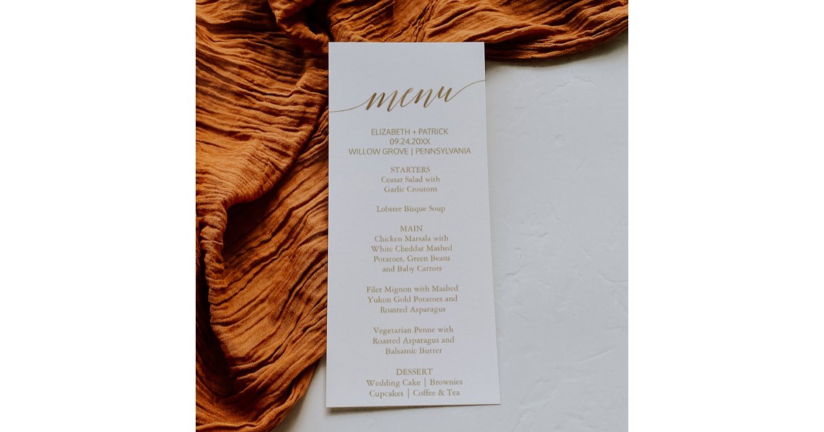 Elegant Gold Calligraphy Dinner Menu Card | Zazzle