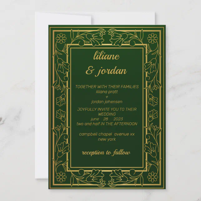elegant gold calligraphy emerald green Wedding Invitation | Zazzle