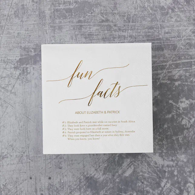 Elegant Gold Calligraphy Fun Facts Wedding Napkins | Zazzle