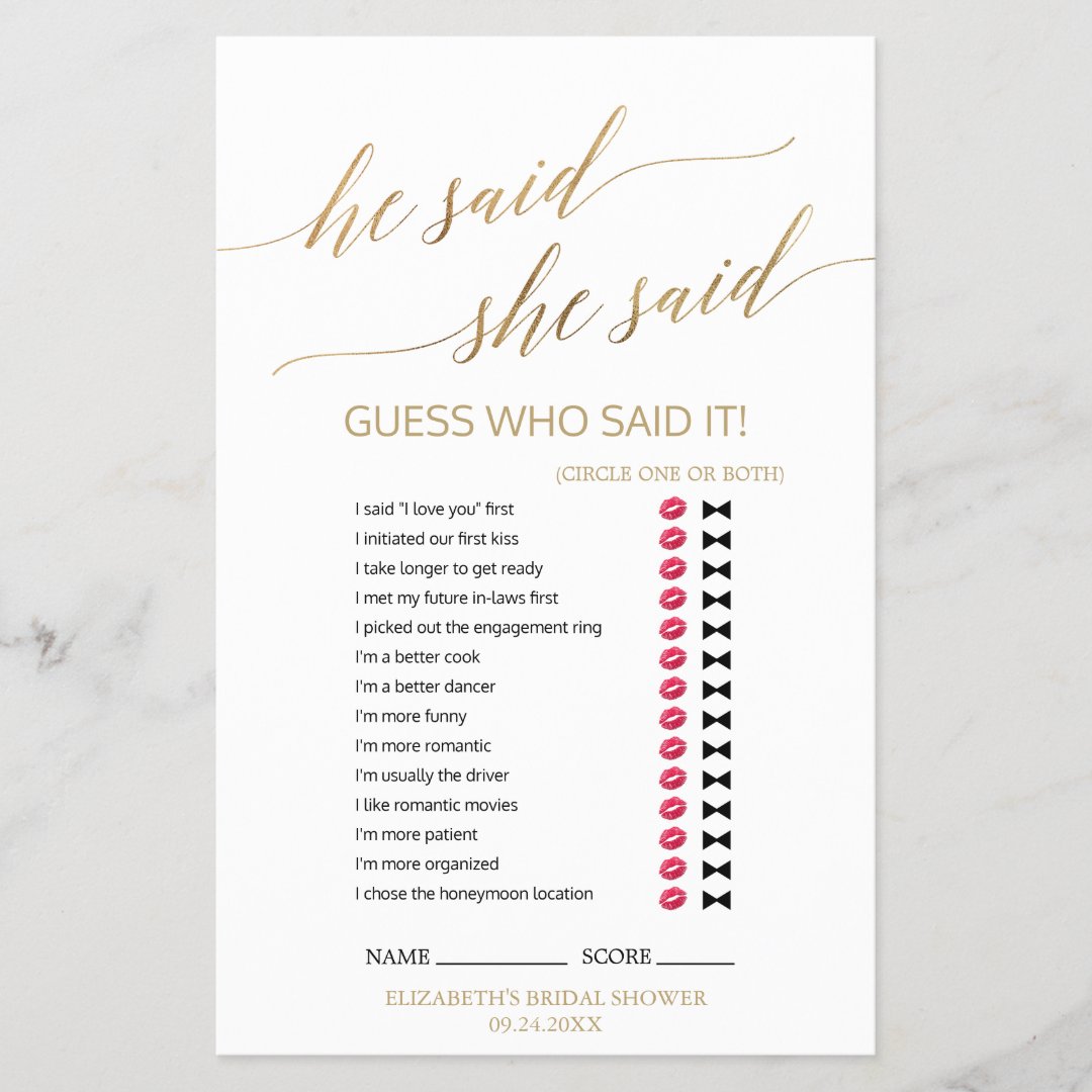 Elegant Gold Calligraphy He Said She Said Game | Zazzle