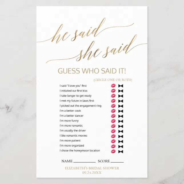 Elegant Gold Calligraphy He Said She Said Game | Zazzle